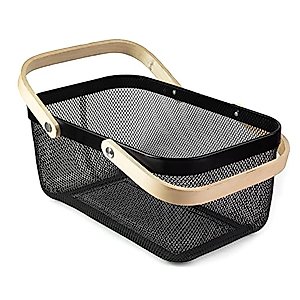 MACOIOR Portable Garden Basket-Mesh Design Natural Bamboo Handle Wire Storage Baskets,Mesh Basket with Handle Organize Items Reduce Space Occupation,Suitable for Kitchen,Garden,Picnic(Black)