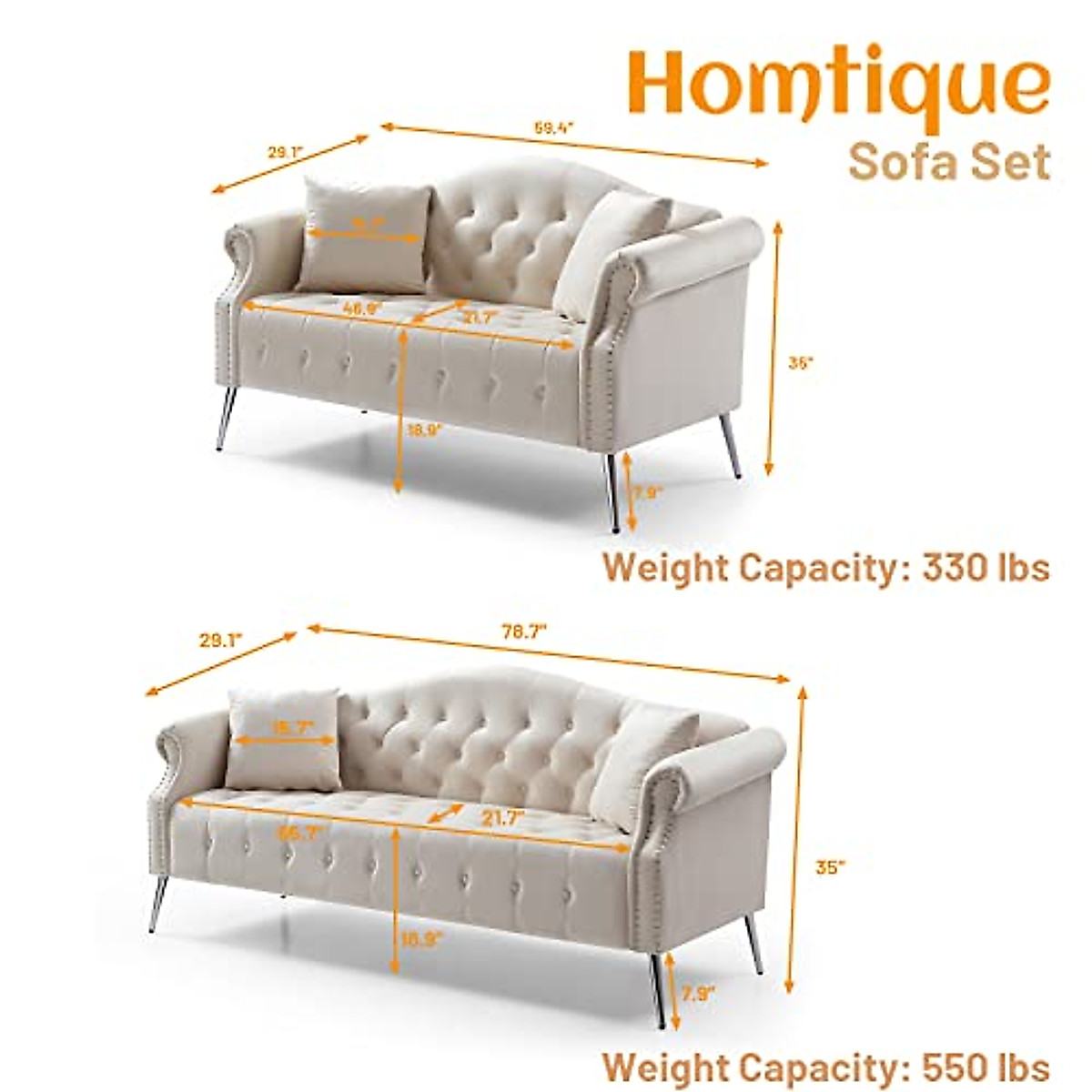 Homtique Sofa Set for Living Room 2 Piece, Modern Velvet Loveseat Sofa Set Upholstered Button Tufted Nailhead Trimming Rolled Arm and Metal Legs, Velvet Sofa Couch with 4 Pillows(Beige)