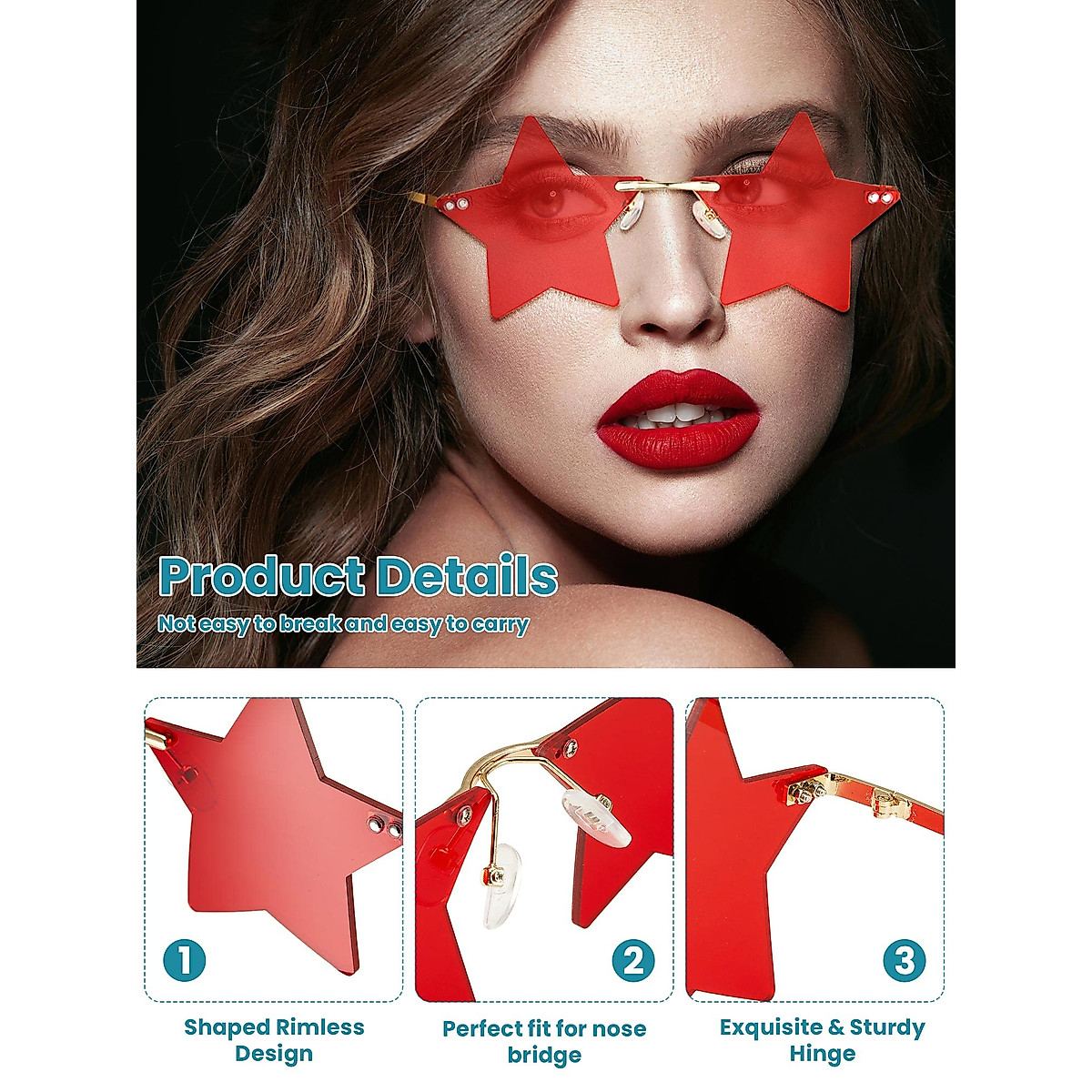 Dunzy 15 Pairs Rimless Star Shape Sunglasses Transparent Sun Glasses Star Sunglasses Pentagram Y2k Glasses Colored Sunglasses Cute Party Eyewear for Women Men