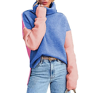 Dokotoo Sweaters for Women 2024 Winter Cowl Neck Side Split Oversized Pullover Tops Batwing Long Sleeve Color Block Knitted Sky Blue Sweater Pullover Tops XX-Large