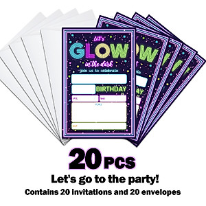 Glow Birthday Party Invitations, Glow in The Dark Birthday Party Invitation for Girls Boys Kids, Neon Glow Birthday Invitations, Glow Birthday Invites (20 Sets 4" x 6" Cards with Envelopes) - JY516