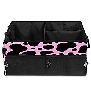 Car Trunk Organizer Pink And Black Cow Print Spot Car Back Seat Large Storage Organizer with 3 Divider Compartments Collapsible Trunk Cargo Organizer Groceries Tote for SUV Truck Camping Picnic
