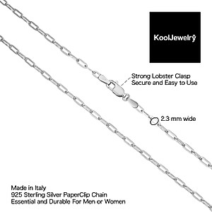 KoolJewelry Sterling Silver Polished Paperclip Chain Necklace for Men and Women (2.3 mm, 36 inch)
