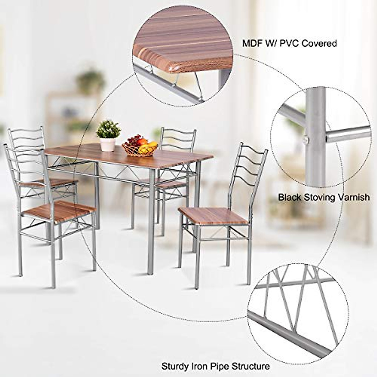 Giantex Modern 5 Piece Dining Table Set with 4 Chairs Metal Frame Wood Like Kitchen Furniture Rectangular Table & Chair Sets for Dining Room (Shallow Walnut)