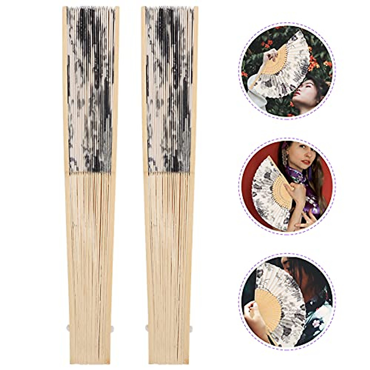 RAZZUM 2 Pcs Floral Folding Hand Fan Chinese Vintage Retro Silk Handheld Fans with Frames for Wedding Dancing Church Party Gifts Grey Fan