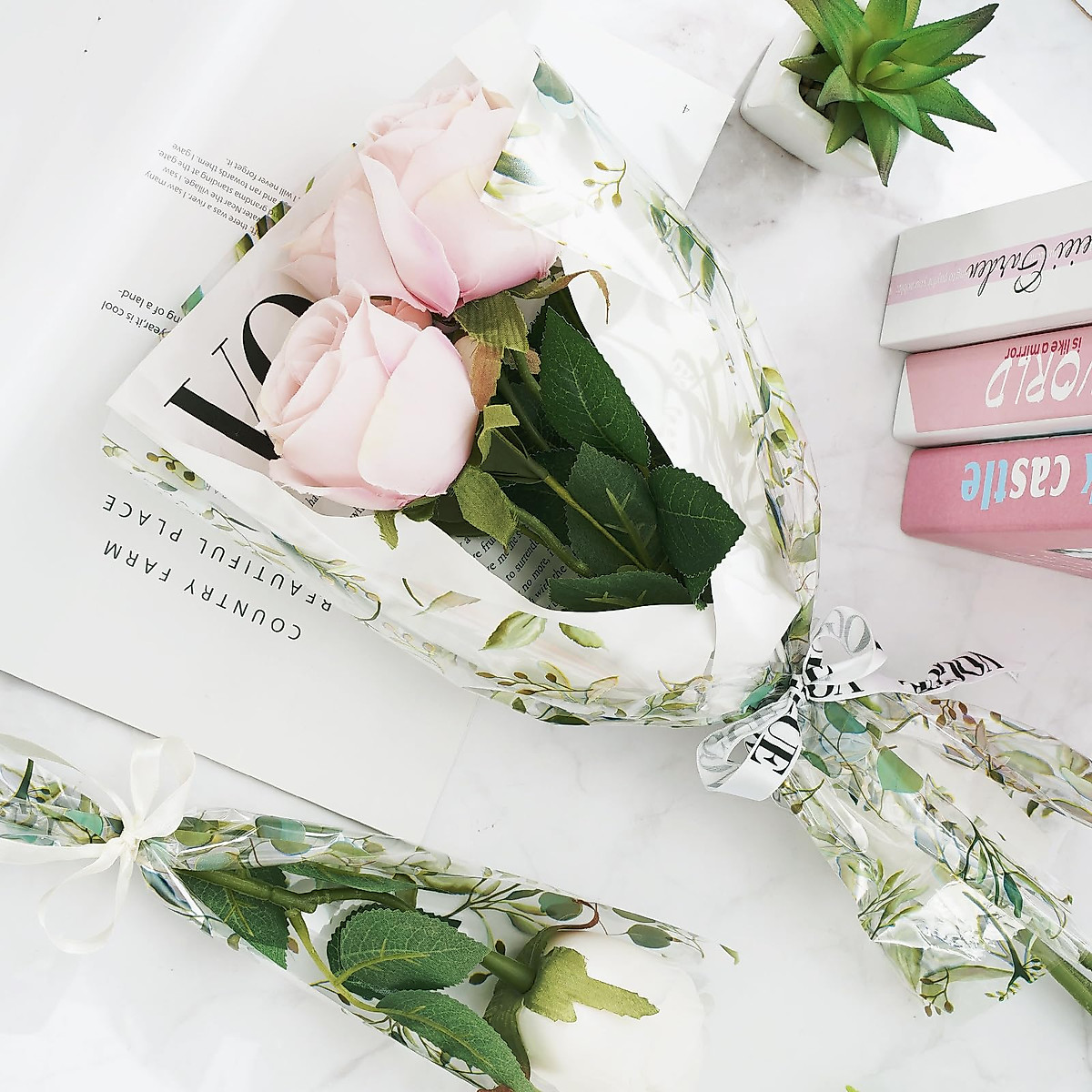 Whaline Eucalyptus Cellophane Wrap Roll Greenery Clear Wrapping Paper Green Leaves Plastic Gift Basket Wrap for Wedding Birthday Baby Shower Party Candy Treat DIY Craft Supplies, 32 Inch x 100 Ft