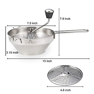 Rotary Food Mill Potato Ricer with 3 Interchangeable Disks, Great for Making Puree or Soups of Vegetables, Baby Foods, Stainless Steel 2-Quart Kitchen Mills, Easy Clean & Easy Assemble