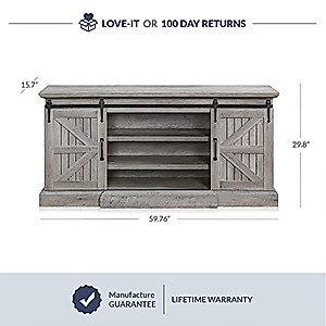 BELLEZE Modern 60 Inch Farmhouse Coffee Bar Cabinet with Storage Sliding Barn Door Sideboard Kitchen Buffet Storage Cabinet with Adjustable Shelves, Gray Wash