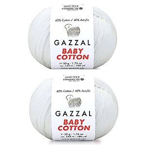 Gazzal Baby Cotton Yarn,60% Cotton 40% Acrylic 2 Ball (Skein) Each 1.76 Oz (50g) / 150 Yrds (165m) Soft, 2 - Fine Baby Yarn (3410 White)