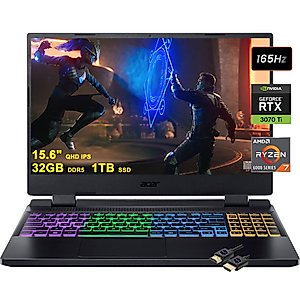 acer Nitro 5 15 Gaming Laptop | 15.6" QHD IPS 165Hz | AMD 8-core Ryzen 7 6800H (>i7-11370H) | 32GB DDR5 1TB SSD | GeForce RTX3070Ti 8GB Graphic | RGB Backlit HDMI USB-C Win11 Black + HDMI Cable