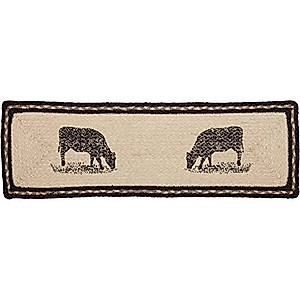 VHC Brands Farmhouse Flooring Miller Farm Charcoal Cow Jute Latex Backing Stenciled Nature Print Rectangle Stair Tread, Bleached White