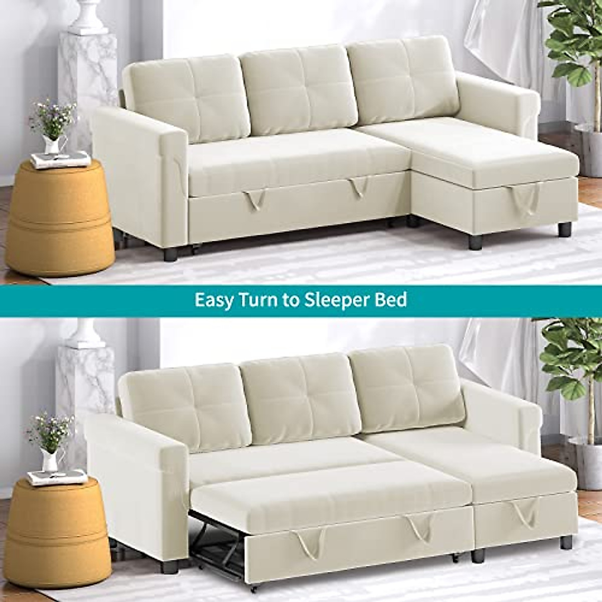 BALUS L-Shape Reversible Dutch Velvet Sleeper Sectional Sofa with Storage Chaise, Pull Out Sofa Bed, Corner Couch with Arms for Living Room, Home Furniture, Apartment, Dorm (Beige)