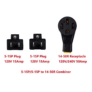 ONETAK NEMA 2 Port 5-15P 120V 15 Amp 3 Prong Plug Male to 14-50R 120/240V 30Amp 4 Prong Female Receptacle Y Combiner STW 3 Feet Generator Welder Dryer Power Cord Adapter
