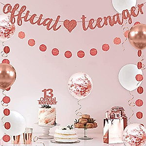 Official Teenager 13th Decorations Rose Gold - Official Teenager Banner Pre-Strung & Official Teenager Cake Topper & Circle Dots Garland & White Rose Gold Confetti Balloons for 13th Birthday Decor