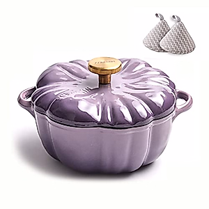 BAMFY Pumpkin Heavy-duty Cast Iron Dutch Oven Pot with Lid Non-stick Enamel Pot with Handles Casserole Pot for Roasting, Braising, Bread Baking (Color : Purple)