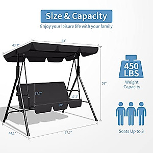 Rankok 3-Seat Outdoor Porch Swing with Adjustable Tilt Canopy Removable Cushion All-Weather Conversation Patio Swing Waterproof Outside Furniture Set for Garden Poolside Balcony Backyard (Black)