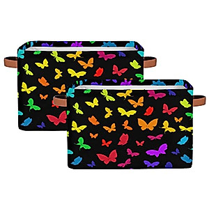Pardick Large Collapsible Storage Bins ,Butterfly Rainbow Decorative Canvas Fabric Storage Boxes Organizer with Handles，Rectangular Baskets Bin for Home Shelves Closet Nursery Gifts