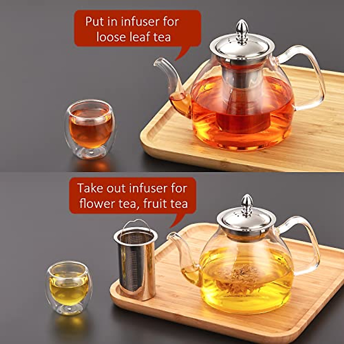 Glass Teapot, 40oz/1200mL Glass Kettle with Removable Stainless Steel Infuser for Blooming Tea & Loose Leaf Tea, Gooseneck Tea Pot, Microwave & Stovetop Safe, Gift Box for Tea Maker