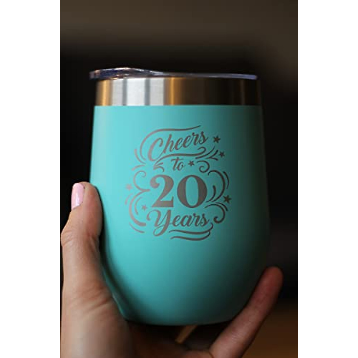 Cheers to 20 Years - Wine Tumbler Glass with Sliding Lid - Stainless Steel Insulated Mug - 20th Anniversary Gifts and Party Decor - Teal