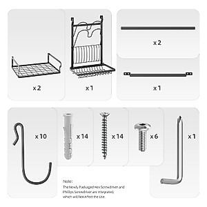 KOSTBAR Hanging Pot Rack, Wall Mounted Pan Rack, Cookware Organizer with 10 Hooks, Small Kitchen Storage Shelf for Utensils. Dish Rack With Lid Holder, Modular Design Shelves