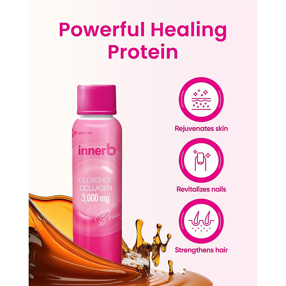 CJwellcare Innerb Glowshot Collagen (10.1fl oz, 6 Servings) - Low-Molecular-Weight Fish Collagen Shots for Elasticity, Hydration, Improved Skin, Hair & Nails. Liquid Marine Collagen 3,000mg.