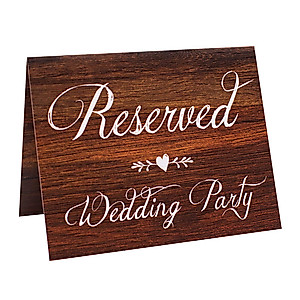 Reserved Wedding Table Signs | Set of 6 Rustic Wood Look Reserved Signs Including Reserved for Bride's Family Groom's Family and Wedding Party | Freestanding Double Sided