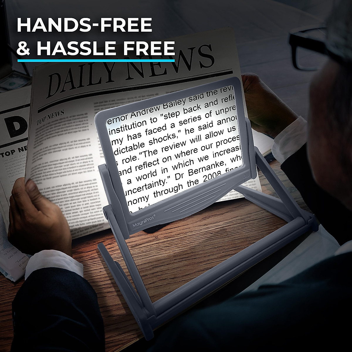 MAGNIPROS 5X Large LED Full Page Magnifying Glass with Detachable Hands-Free Stand & 3 Color Lighting Modes to Reduce Eye Strain, Ideal for Reading Small Print, Crafting, Low Vision & Seniors