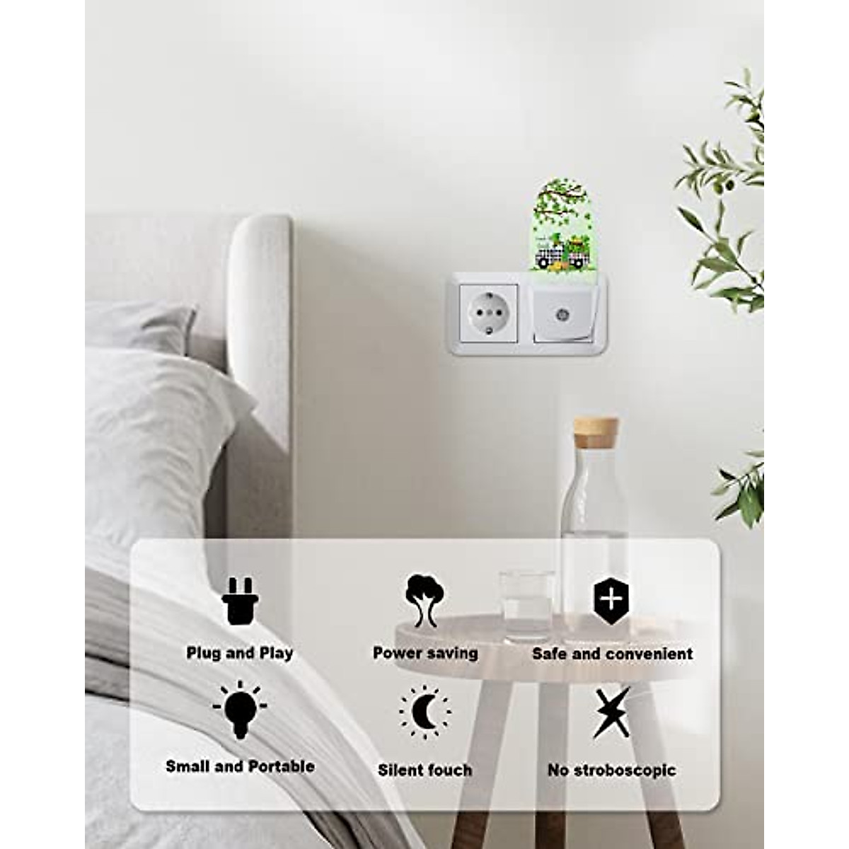 St. Patrick's Day Night Light, LED Plug in Night Light, Clover Tree Gnomes Gold Black White Checkered Truck Green Night Lights with Dusk to Dawn Sensor Kids/Adults Nightlight for Bedroom Bathroom