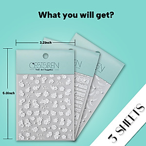 CESTSIREN 3 Sheets White Nail Art Stickers 5D Embossed Flower Lace Ribbon Nail Decals for Nail Art Design Pearl Nail Accessories for Women Nail Art Supplies