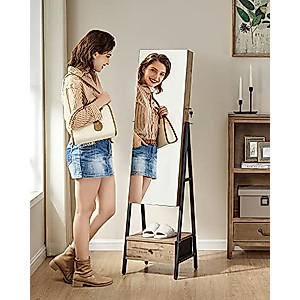 SONGMICS LED Mirror Jewelry Cabinet Standing, Lockable Jewelry Armoire with Full-Length Mirror, Space-Saving Jewelry Organizer with Mirror, Drawer and Shelf, Toasted Oak Color UJJC025N01