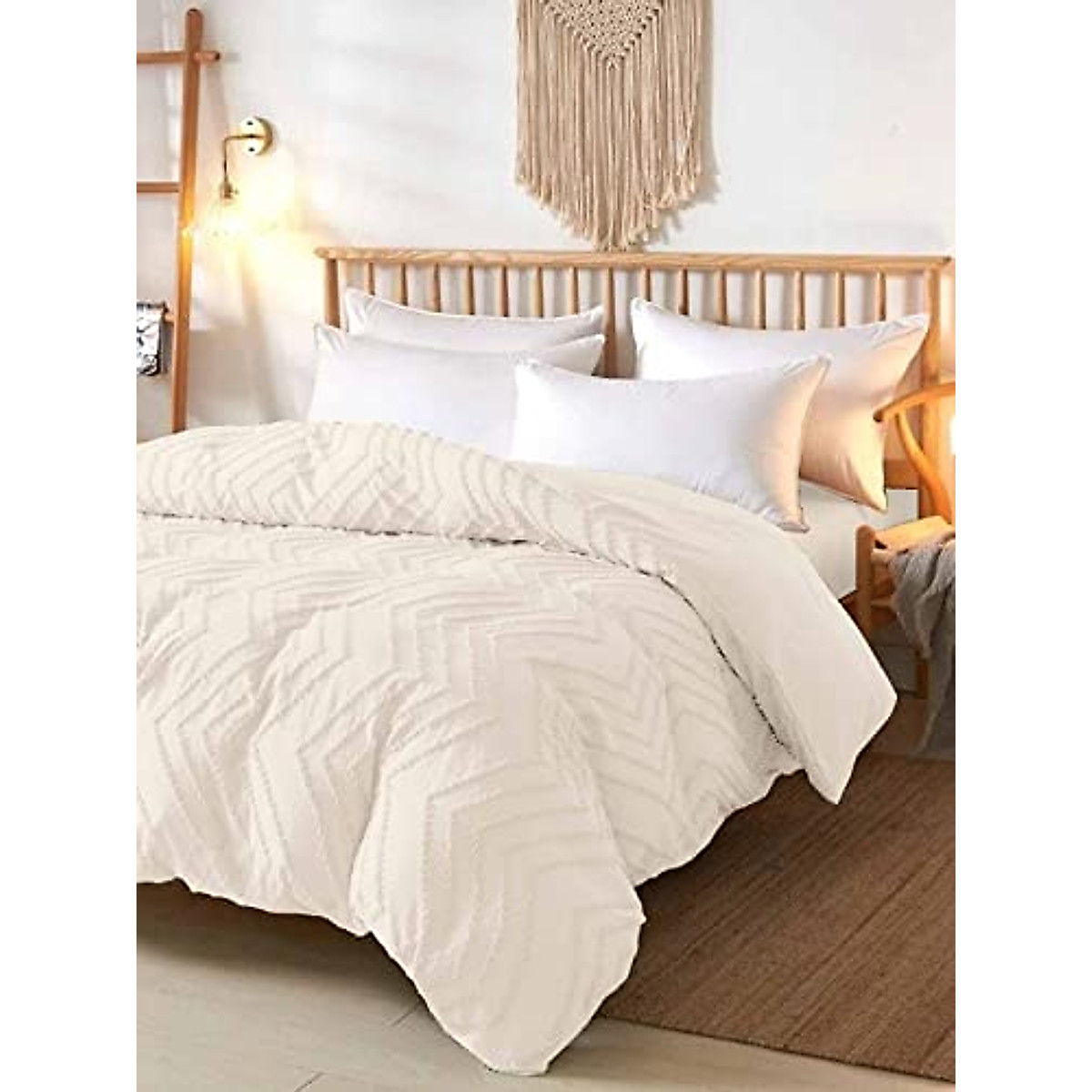 Nanko Beige Duvet Cover Full Size, 3pc Boho Tufted Microfiber Bedding Comforter Cover Set, All Season Aesthetic Shabby Chic Soft Embroidery Textured Geometric Quilt Cover (80x90)