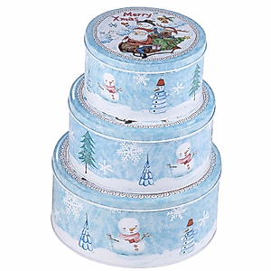 Juvale Christmas Nesting Cake Tins - 3-Set Round Nested Cookie Candy Storage Containers with Lids for Confectioneries, Holiday Decor, Light Blue and White