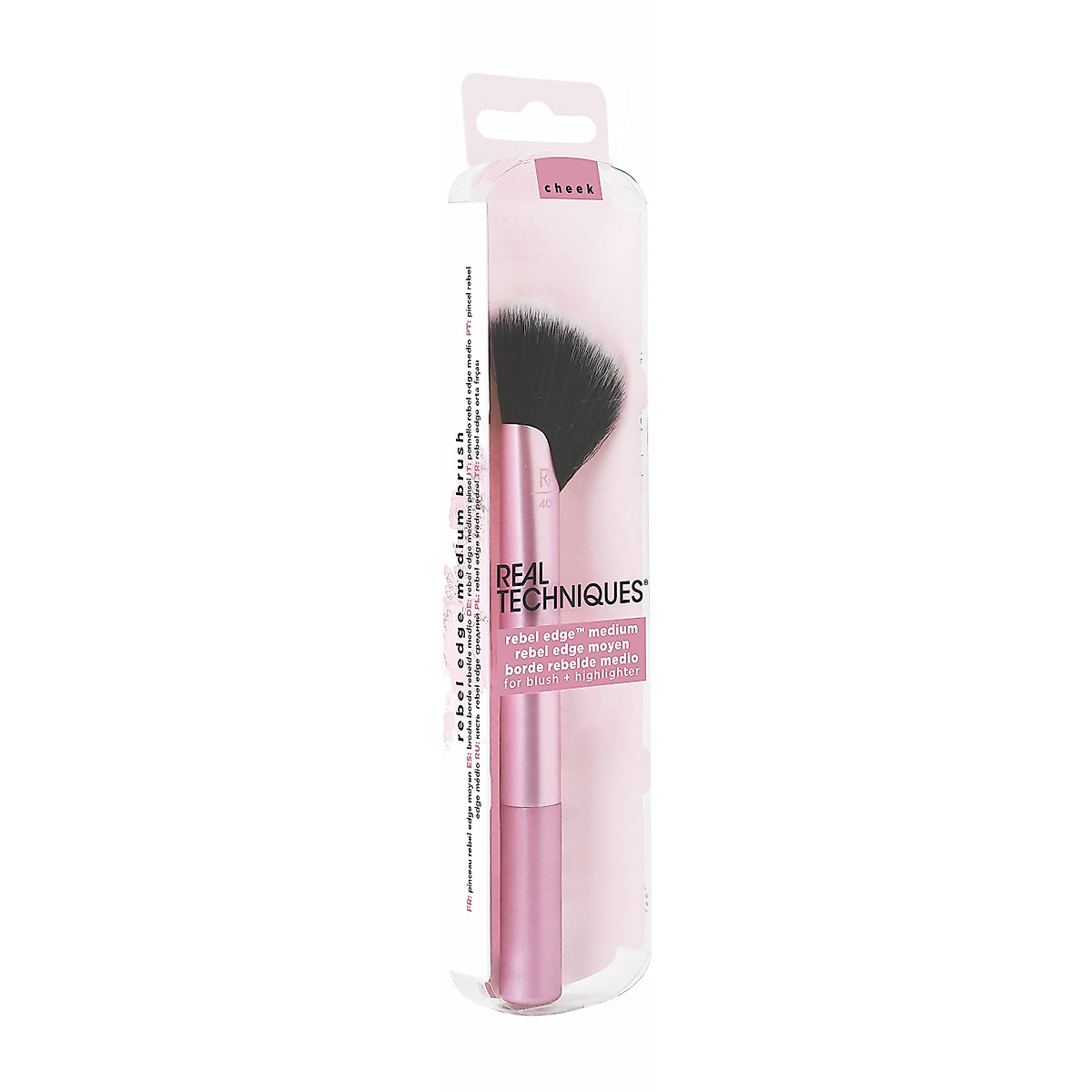 Real Techniques Cheek Rebel Edge Medium Blush & Highlighter Brush, For Loose Blush or Face Highlighter, Fan Makeup Brush, Aluminium, Pink, 1 Count