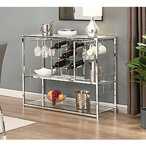 ASYA Wine Rack Table with Glass Holder, 3-Tier with Temered Glass Shelves, Modern Liquor Cabinet with Storage for Wine Bar, Living Room, Kitchen and Dining Room (Silver Finish)