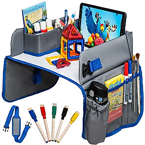 ADVO Kids Travel Tray Car Seat - Activity and Play Tray Organizer for Children and Toddlers, Lap Desk with Tablet Phone Holder, Waterproof and Foldable Whiteboard (Grey)