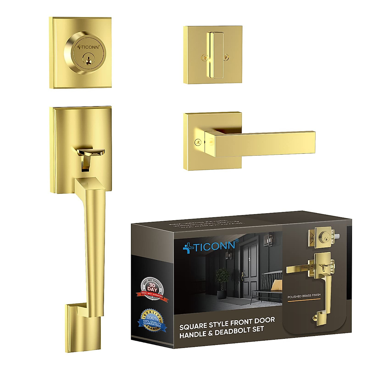 TICONN Front Door Handle Set, Heavy Duty Square Door Lever & Single Cylinder Deadbolt Combo Reversible for Entrance Exterior Doors (Polished Brass)