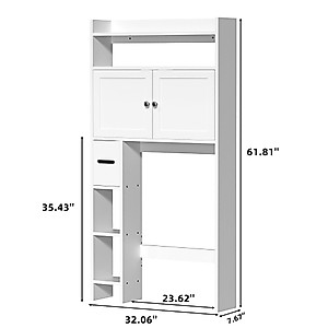 IdeaKey Over The Toilet Storage Cabinet with Toilet Paper Holder Stand, 7-Tier Freestanding Bathroom Over Toilet Storage with Shelves and Doors, Behind Toilet Storage Cabinet, White
