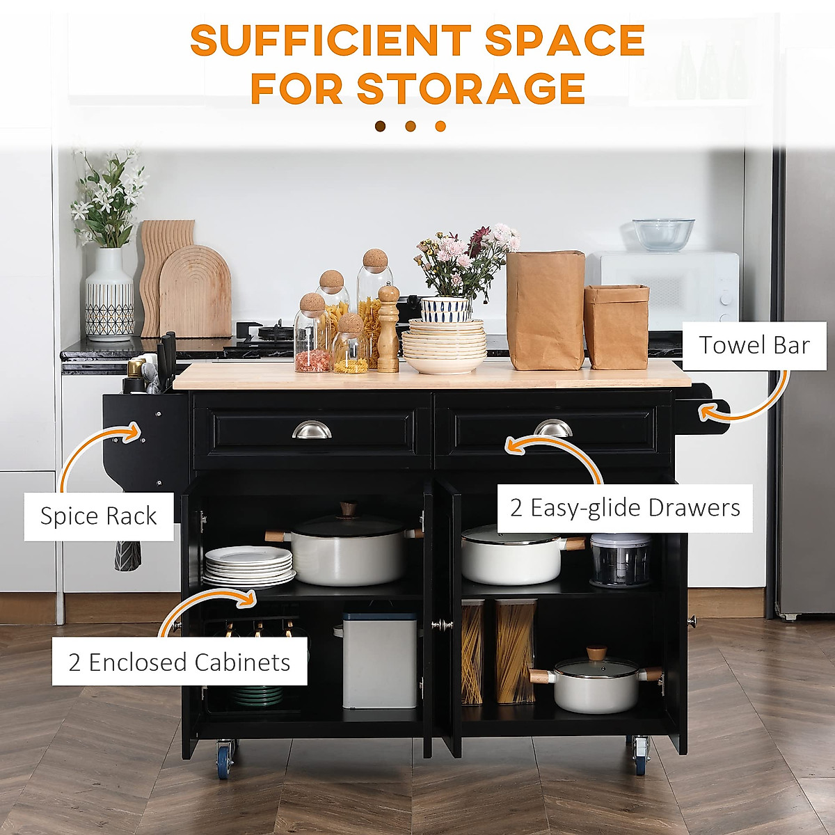 HOMCOM Rolling Kitchen Island Cart with Drop Leaf, Kitchen Cart on Wheels with Rubber Wood Top, 2 Drawers and 2 Storage Cabinets, Island Table for Kitchen, Dining Room, Black