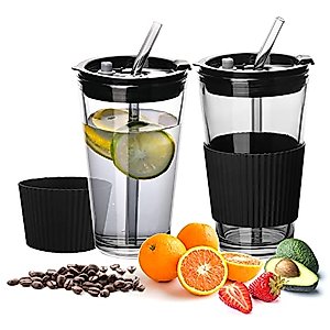 Glass Tumbler with Lid and Straw, Leakproof Glass Cups with Lids and Straws, 3-Way to Drink Drinking Glasses, Iced Coffee Cup Silicone Sleeve Smoothie Cup, Boba Cup for Travel Office Picnic (black)