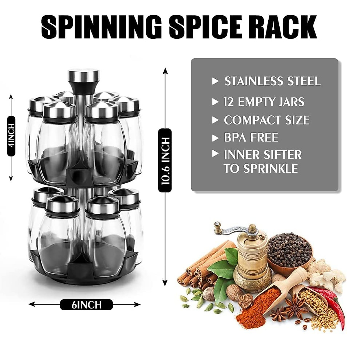 Revolving Spice Rack Organizer Storage for kitchen, Spice Stand Holder, Spinning Countertop Herb and Spice Rack Organizer with 12 Glass Jar Bottles Set