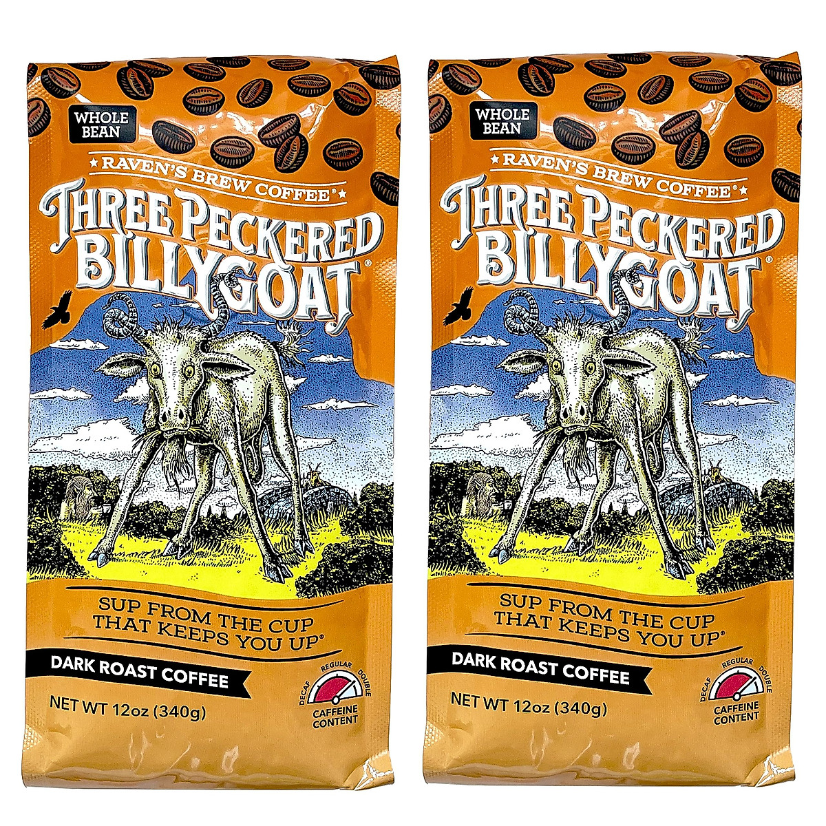 Raven's Brew Coffee High Caffeine Coffee Dark Roast Whole Bean – Three Peckered Billy Goat 2-pack of 12oz