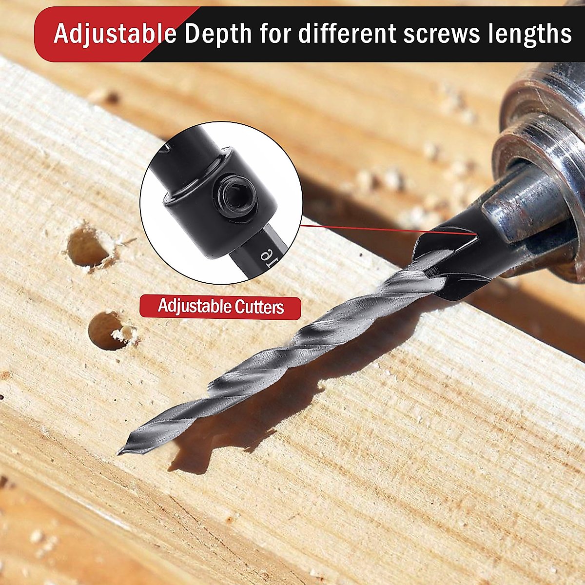 AIMLENTOOL Countersink Drill Bit Set, 5PCS Tapered Drill Bits, M2 Countersink Set with 1/4" Hex Shank Quick Change and 1 Allen Wrench for Woodworking, Pilot Screw Hole Set for Soft & Hard Wood