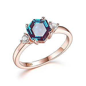 ITI KUOLOLIT Lab Alexandrite Gemstone Genuine 925 Sterling Silver Ring for Women 585 Rose Gold Plated Hexagon Cut Jewelry for Engagement Bride (Rose Gold Plated, 7)