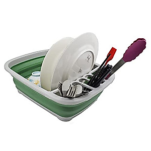 SAMMART 8L (2.11Gallons) Collapsible Plastic Dish Drainer - Foldable Drying Rack - Portable Dinnerware Organizer - Space Saving (Grey/Dark Sea Green, 1)