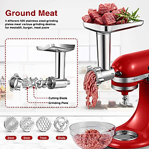 Metal Food Grinder Attachment for KitchenAid Stand Mixers, AMZCHEF Meat Grinder Attachments Included 3 Sausage Stuffer Tubes & A Holder,4 Grinding Plates,2 Grinding Blades, Burger Press,Cleaning Brush