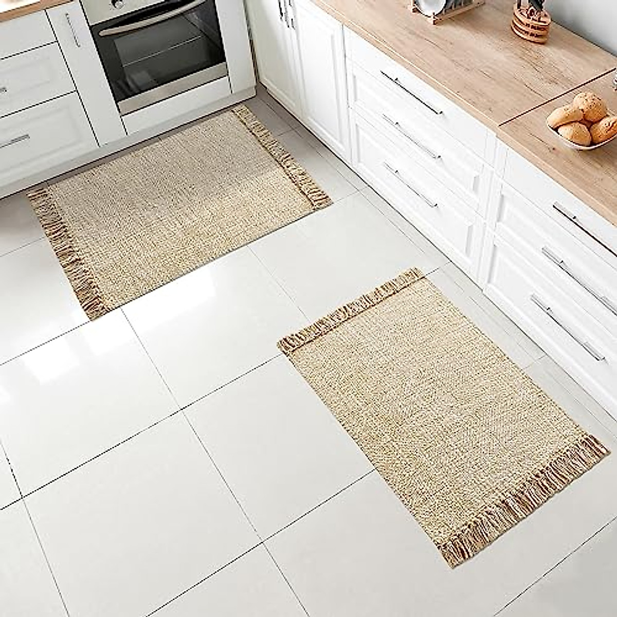 MitoVilla Boho Farmhouse Small Rug Set 2 Piece 2'x3', Area Rug with Tassels for Kitchen, Cotton Woven Washable Bathroom Throw Rug for Hallway, Entryway, Laundry Room Floor, Tan Cream