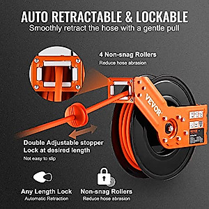 VEVOR Retractable Air Hose Reel, 3/8 IN x 50 FT Hybrid Air Hose Max 300PSI, Air Compressor Hose Reel with 5 ft Lead in, Ceiling/Wall Mount Heavy Duty Single Arm Steel Reel