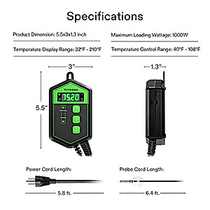 VIVOSUN Digital Heat Mat Thermostat Temperature Controller, 40–108 ºF 1000W for Reptiles, Seedlings, Germination, Incubation and Fermentation