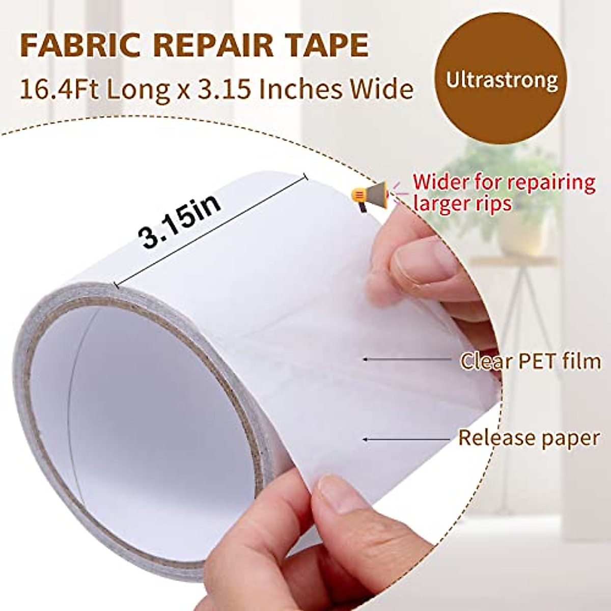 Ultrastrong Fabric Repair Tape- Super Sticky Waterproof Repair Tape to Fix Tent Camper Canvas RV Awning Weather Resistant Repair Kit for Sail Tarp Boat Covers and More(16.4' x 3.15'')
