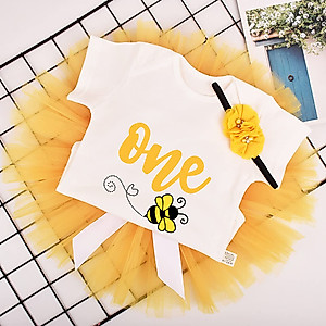 Gouldianfinch Infant Baby Girls 1st Birthday Outfits Bee Printed Romper Tutu Skirt with Bowknot Toddler Princess Dress(Bee, 12-18 Months)